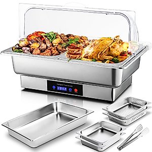 YORKING Electric Chafing Dish,9 QT Full Size with 4 x 4.5 QT Half Size Chafing Dish Buffet Set, Buffet Servers and Warmers with Roll Top & Temperature Control Display, Catering Food Warmer for Parties
