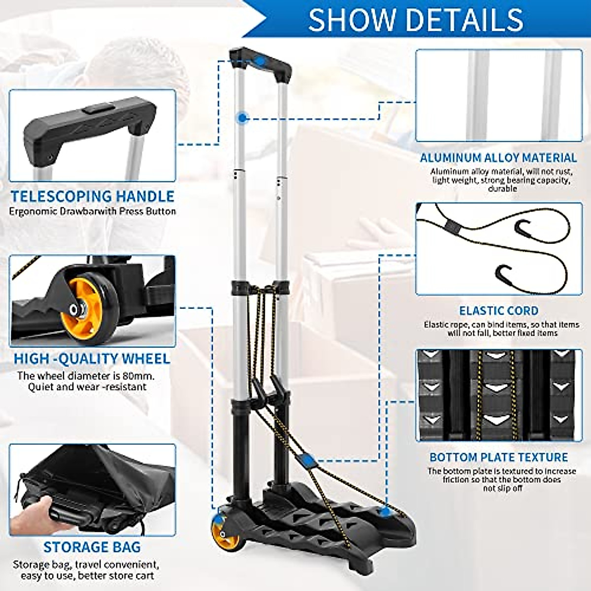 Folding Luggage Cart, TORIBIO Luggage Trucks Aluminum Portable Luggage Trolley with Storage Bag, Utility Dolly Platform Cart for Travel, House Office Moving, Travel, Shopping, Black