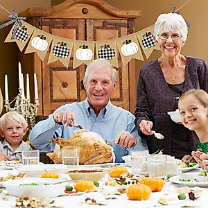 Doumeny Plaid Pumpkin Burlap Banner Buffalo Check Fall Banner Jute White Pumpkins Bunting Garland Autumn Harvest Bunting Flag Thanksgiving Party Banner for Home Wall Mantel Fireplace Farmhouse Decor