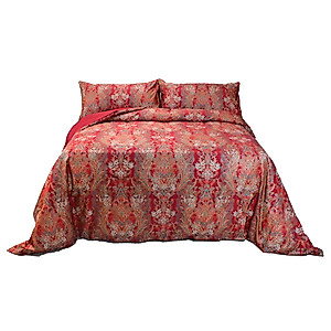 ABREEZE Boho Luxury Bohemian Retro Boho Bedding King 3 Pcs 100% Egyptian Cotton Paisley Damask Pattern Duvet Covers red and Gold 800 Thread Count