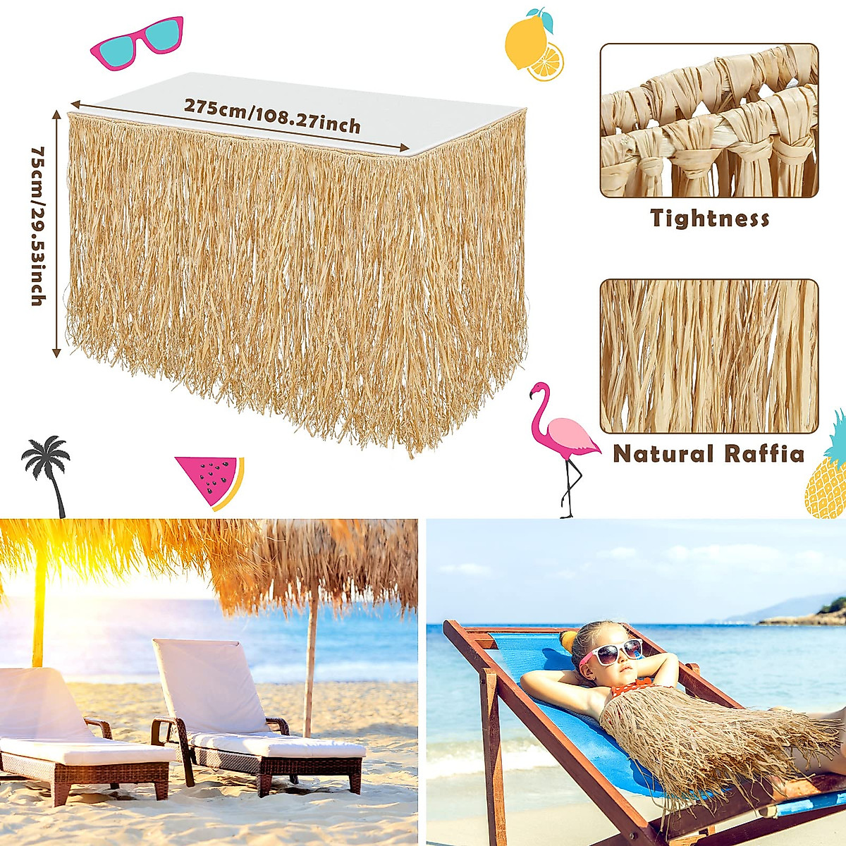 1 Pack Natural Raffia Table Skirt Luau Hawaiian Skirt Table Grass Beach Fringe Decoration for Tropical Birthday Party Tiki Bar, Chair Skirt, Deck Skirt, Luau Tropical Hawaiian Party (108 x 30 Inch)