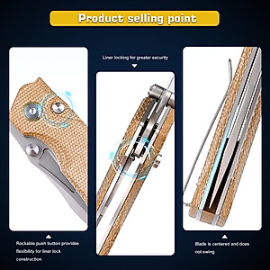 REMETTE Pocket Knife Rockable Design Button Lock Rhino 0316, EDC Pocket Knife for Men, 14C28N Blade Folding Knife, Durable Micarta Handle with Pocket Clip, Sharp Hunting Camping Knives