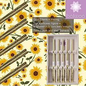 BALWOO Korean Flat Chopsticks [5 Sets][Made in Korea] 304 Premium Stainless Steel Chopsticks, Korean Style Reusable Chopsticks Flatware Cutlery Silverware Metal Chopsticks (Sunflower, TITANIUM)