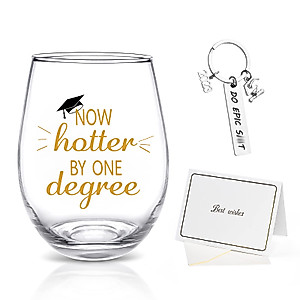 Futtumy Graduation Gift, Now Hotter by One Degree Stemless Wine Glass with Keychain and Card, Graduation Gifts for Her Friend Him Masters Degree College High School Graduates College Grad, 17Oz
