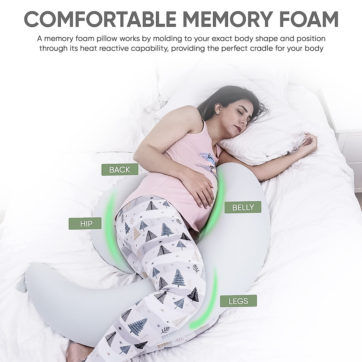 LILLY LA VIE Memory Foam Pregnancy Pillows for Sleeping, Side Sleeper Body Pillow - GOTS Certified 100% Organic Cotton Cover, Wedge Pillow - Support Back, Hips, Legs, Belly - Pregnancy Must Haves (Aqua Haze)