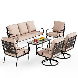 PHI VILLA Metal Patio Outdoor Furniture Sets,Large Heavy Duty Patio Conversation Sets for Backyard, Porch and Garden（Beige, 6 pcs w/Table）
