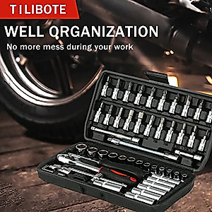 TILIBOTE Socket Wrench Set, 53PCS 1/4 Inch Ratcheting Wrench Set And Extension Bar Gimbal Slide Bar Extension Sockets, Set For Automotive Repair And Home Use.