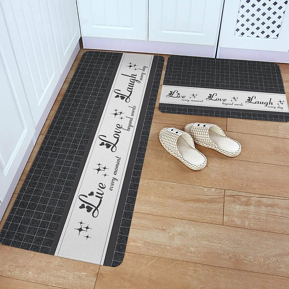 Live Love Laugh Grey Kitchen Rugs and Mats 2 Pieces Set, Gray Checkered Wall Art Modern Non Slip Floor Mat for Sink Laundry, Cushioned Anti-Fatigue Comfort Mat for Kitchen (24"x36"+20"x71")