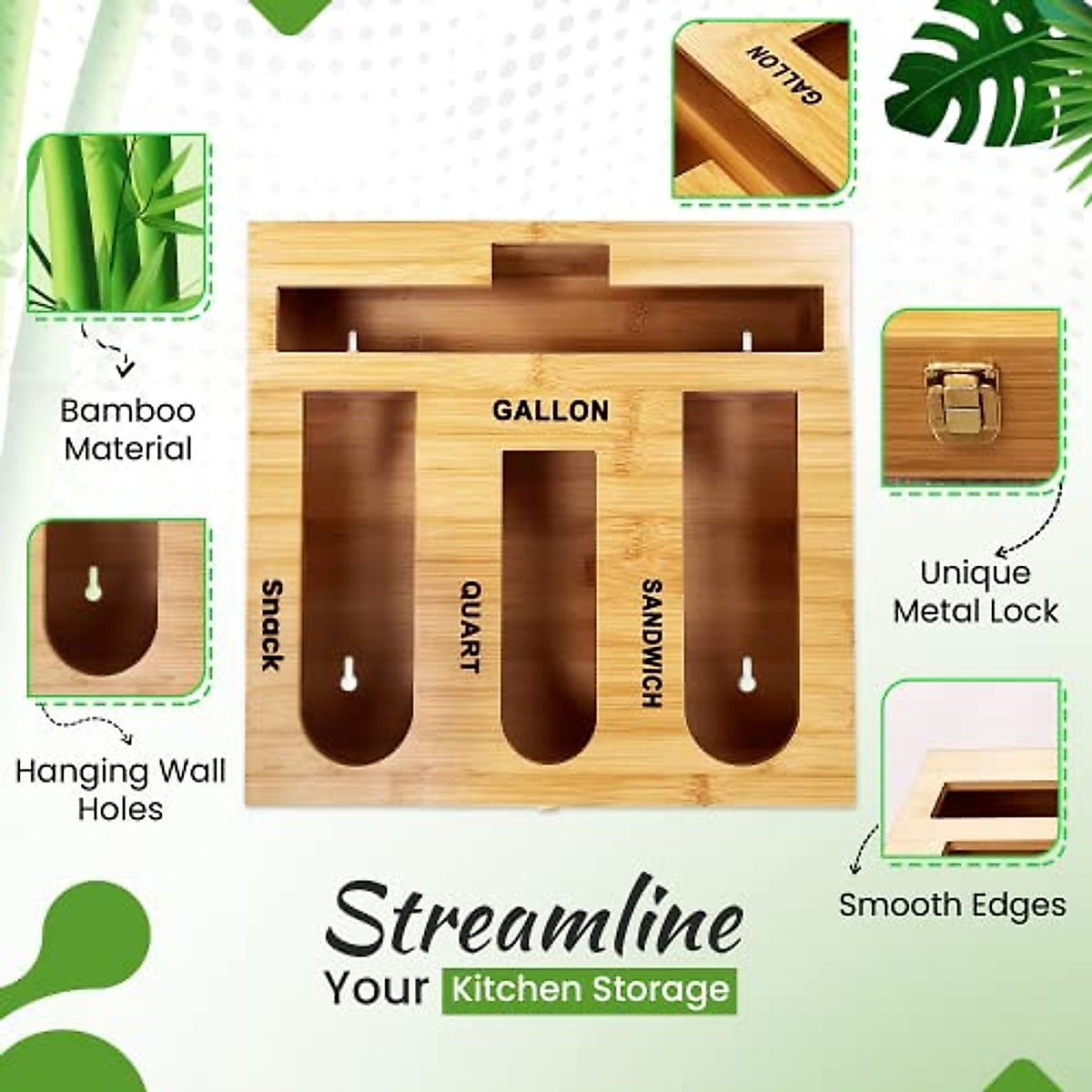 AGF Ziplock Bag Organizer for Kitchen Drawer, 4 in1 Food Baggie Dispenser Box, Food Storage Bag Organizer for Gallon, Quart, Sandwich, Snack And Variety Size Bags