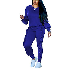 Akmipoem Women Sweatshirt Ruffle Sleeve Pullover Tops and Long Jogger Pants Royal Blue XL