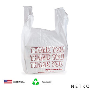 Netko Thank You Shopping Bags - Plastic Grocery Reusable White Bags | T-shirt Bags | Heavy Duty Gift Carrier Market Bags in Bulk 50 Pack