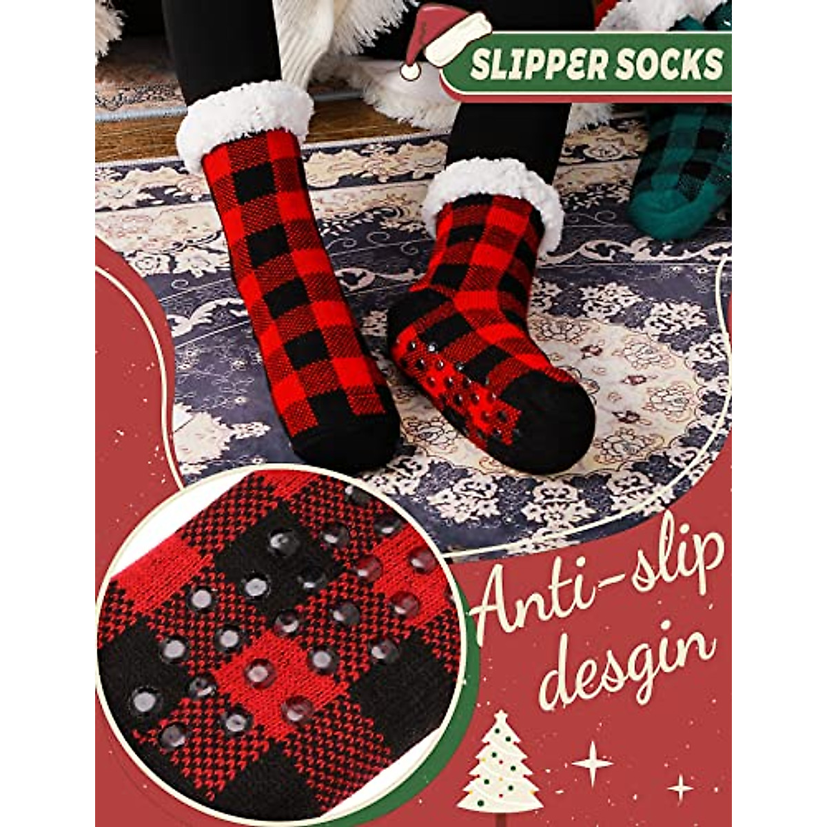 Fuzzy Socks for Women Slipper Fluffy Buffalo Plaid Cabin Cozy Winter Thick Warm Comfy Sherpa Fleece Sleep Plush Home Grips Socks Christmas White Elephant Gift Stocking Stuffer for Wife Her Teenage-Red