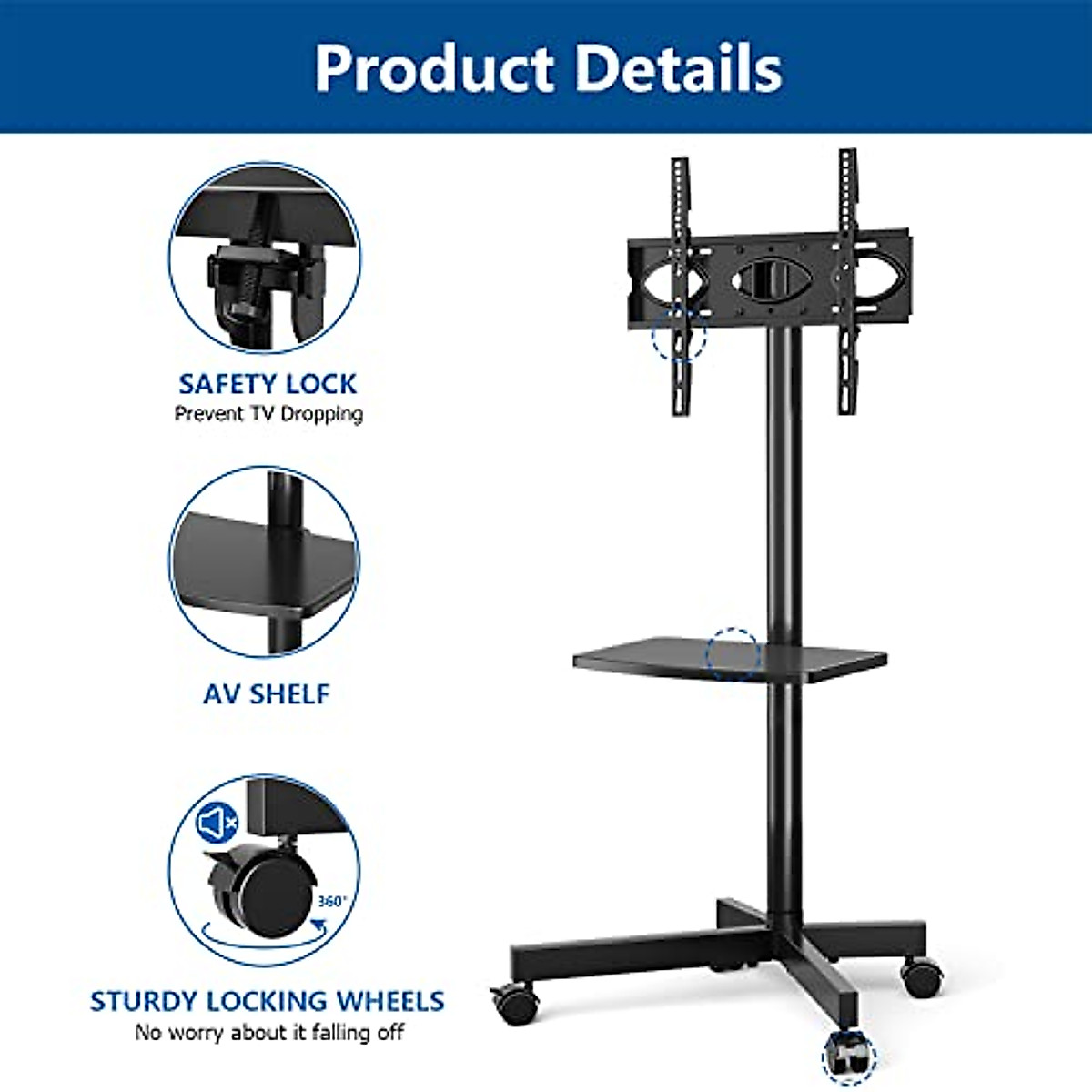 Rfiver Universal Mobile TV Cart for 23-60 inch Flat Screen TVs up to 88lbs, Portable Rolling TV Stand with Mount and Locking Wheels, Black Floor/Outdoor TV Stand with Shelf, Max VESA 400x400mm
