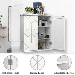 AZODY Bathroom Cabinet with Gold Trim, Wall-Mounted Bathroom Storage Cabinet with Adjustable Shelves and Side Hooks, Space Saver Medicine Cabinet for Livingroom, Laundry, Classical White