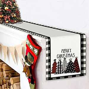 UYPGOIN Waterclor Buffalo Plaid Christmas Trees Table Runner, Seasonal Winter Merry Xmas Holiday Kitchen Dining Decoration for Indoor Outdoor Home Party 13x72 Inches