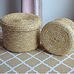 Zhuxin Woven Straw Storage Baskets with Lid, Rattan Snack Container Multipurpose Bins Laundry Toys Organizer Household, Round Medium Size, Diameter 18cm, Height 14cm