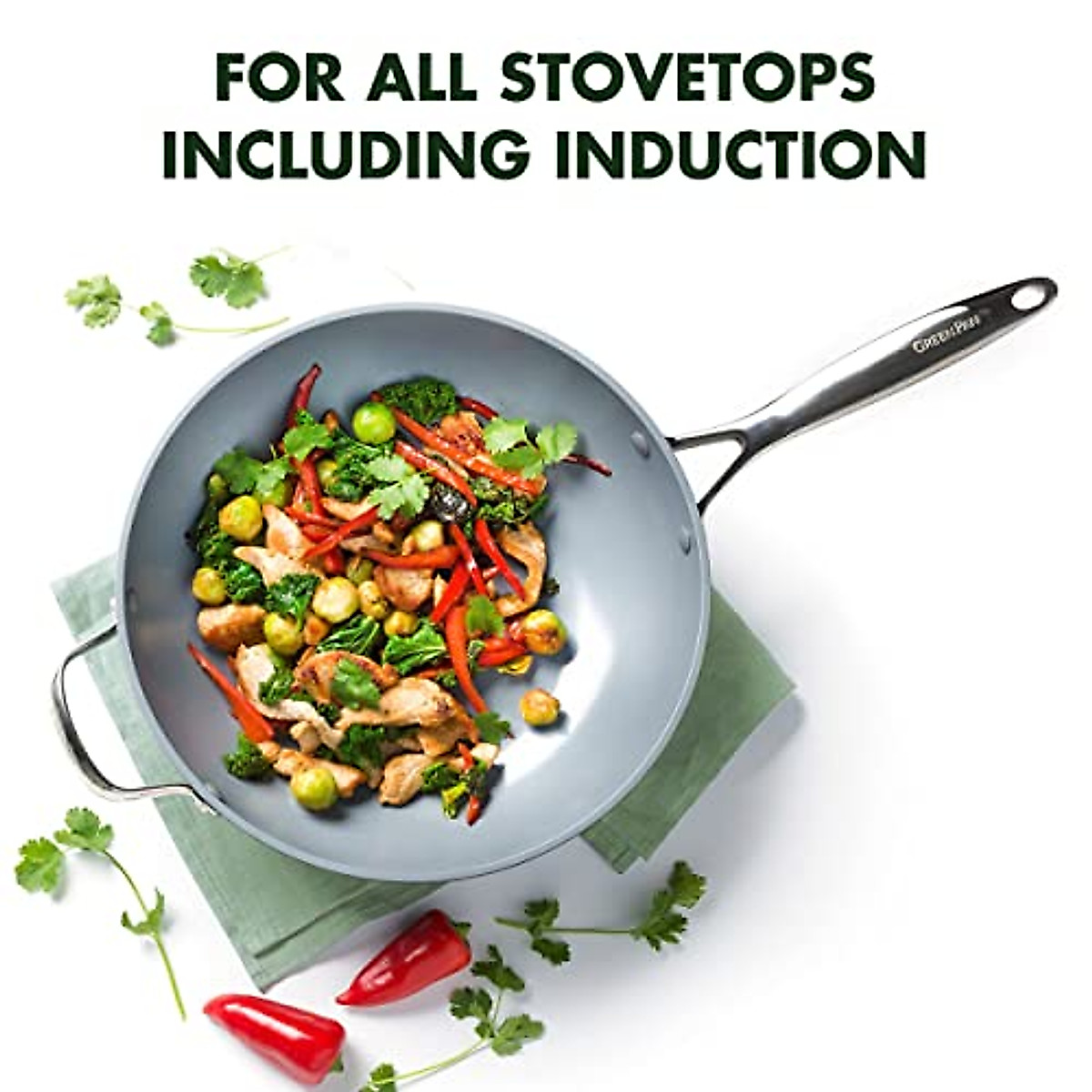 GreenPan Valencia Pro Hard Anodized Healthy Ceramic Nonstick 12" Wok, PFAS-Free, Induction, Dishwasher Safe, Oven Safe, Gray