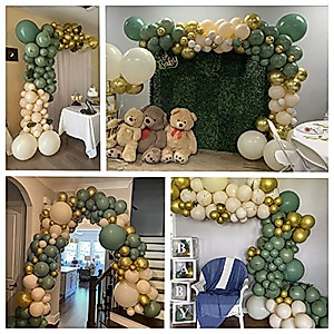 Sage Green Balloon Garland Arch Kit- Double Stuffed Sage Green Balloons Ivory White Metallic Chrome Gold Balloons for Baby Shower Jungle Safari Wild One Birthday Party Decorations