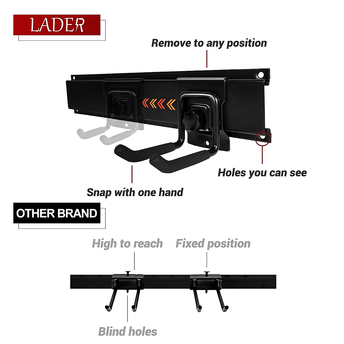 LADER 48 Inches Adjustable Garage Organization, 13 PCS Garage Tool Organizer Wall Mount, Garage Shelving with 8 Adjustable Hooks and 3 Rails, Tool Organizer Rack with Heavy Hook Tracks Max Load 1000LB