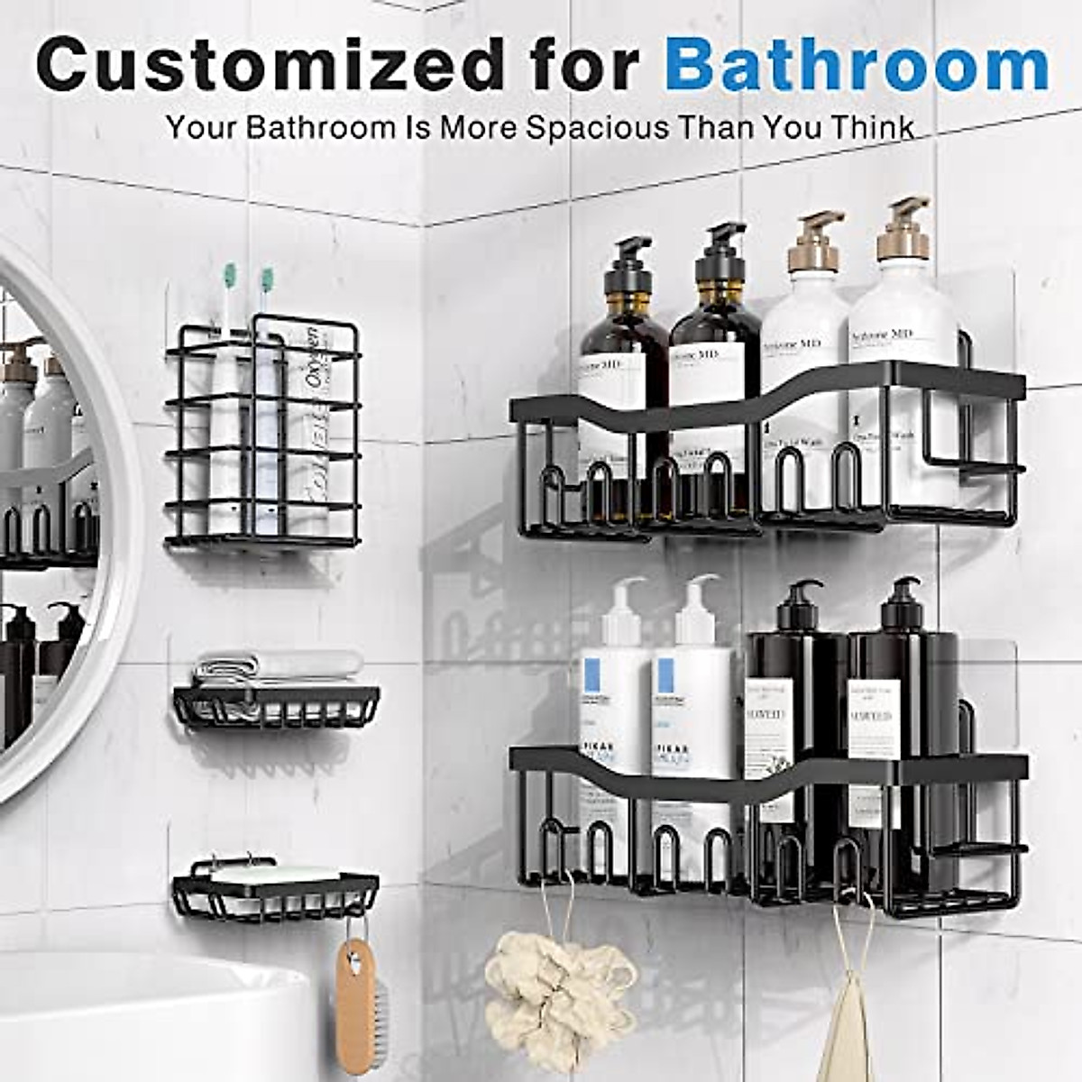 EUDELE Shower Caddy 5 Pack,Adhesive Shower Organizer for Bathroom Storage&Kitchen,No Drilling,Large Capacity,Rustproof Stainless Steel Bathroom Organizer,Bathroom Shower Shelves for Inside Shower