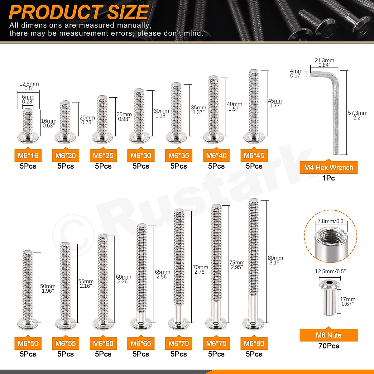 Rustark 141Pcs M6x16mm-80mm 14 Sizes Furniture Joint Connector Bolt & Cap Nut Assortment Kit Flat Hex Socket Cap Bolts Screw Posts for Furniture Chair Crib Belt Leather Binding