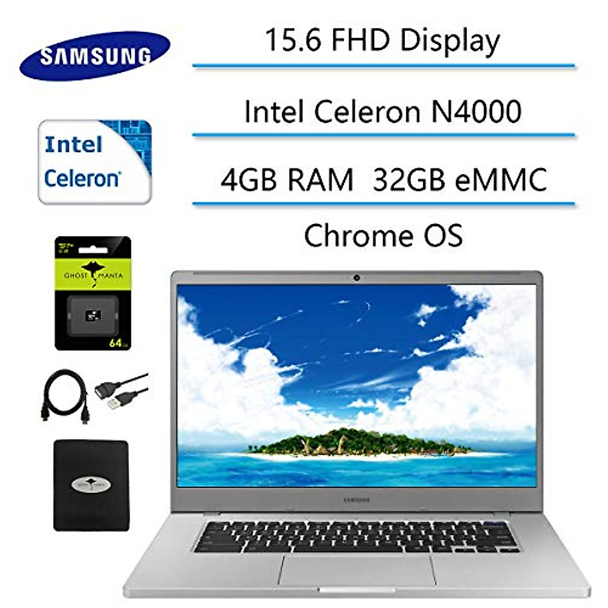 SAMSUNG Chromebook 4+ 15.6 FHD Laptop for Business and Student, Intel Celeron N4000, 4GB RAM, 32GB eMMC Gigabit, Wi-Fi, up to 10.5 Hours Battery Life, Chrome OS w/64GB Micro SD Card, GM Accessories