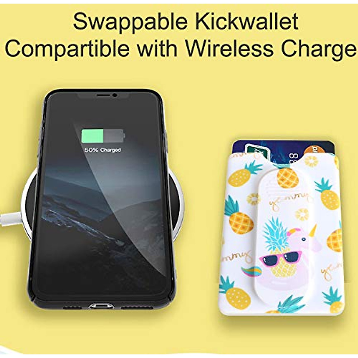 CHEAP SUNDAY Detachable Cell Phone Wallet Mobile Phone Kickstand Finger Grip Stand, Selfie and Hand-Free Wireless Charging Compatible for iPhone and Smartphones (Pineapple)