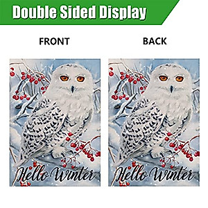 Furiaz Hello Winter Owl Red Berries Small Garden Flag, Snow House Yard Lawn Decorative Flag Tree Branches Home Outside Decoration, Christmas Snowflake Farmhouse Burlap Outdoor Decor Double Sided 12x18
