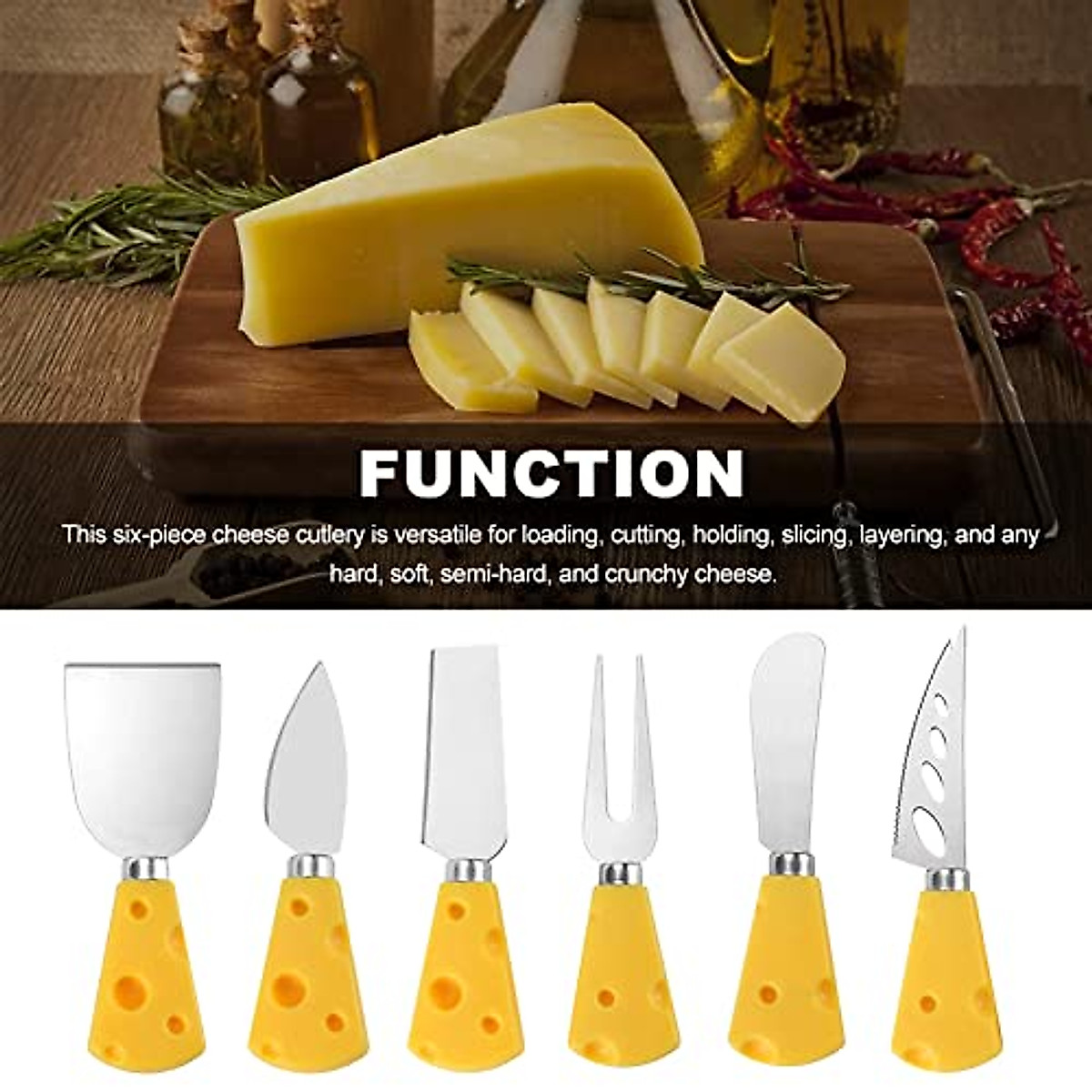 Cheese Knife Set of 6, Stainless Steel Small Cute Cheese Knives and Forks with Plastic Handle, Complete Stainless Steel Cheese Knives Collection for Family Gathering Christmas Wedding Party