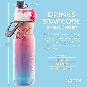 O2COOL Arctic Squeeze Insulated Mist 'N Sip Water Bottle | 2 Pack- 20 oz | BPA Free, 2-in-1 Mist and Sip Function w/No Leak Pull Top Spout (Ras Ombre/Tropical)