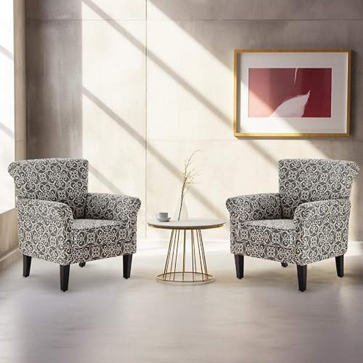 BELLEZE Upholstered Wingback Accent Chair, Fabric Armchair Club Chair, Nailhead Trim High Back Patterned Corner Chair for Living Room Bedroom - Rosette (Gray)