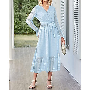 BTFBM Women's Casual Party Summer Fall Dresses 2023 Long Sleeve Wrap V Neck Swiss Dot Swing A-Line Maxi Dress with Belt(Swiss Dot Light Blue, Small)