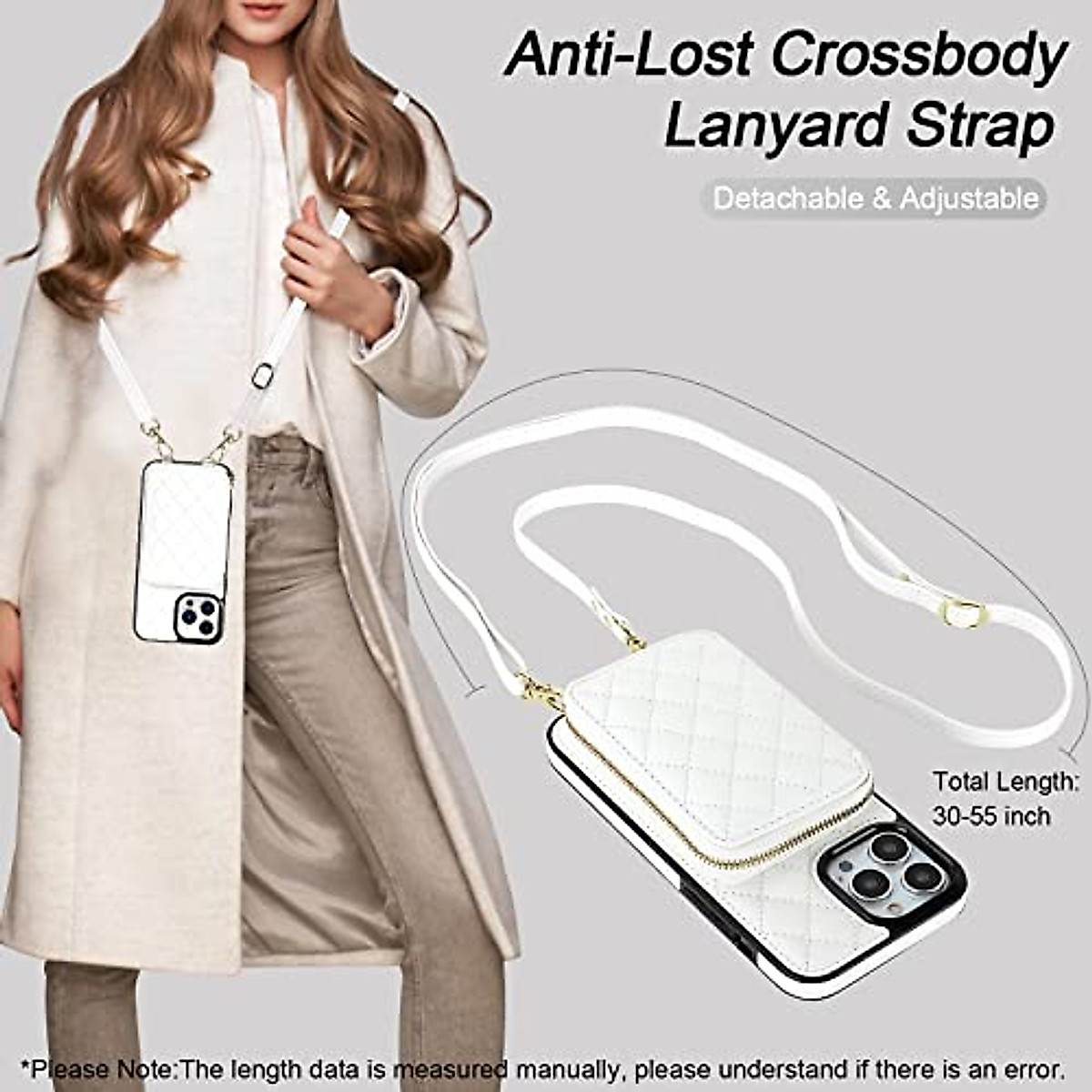 Bocasal Crossbody Wallet Case for iPhone 13 Pro Max, RFID Blocking PU Leather Zipper Handbag Purse Flip Cover, Kickstand Folio Case with Card Slots Holder Wrist Strap Lanyard 5G 6.7 Inch (White)