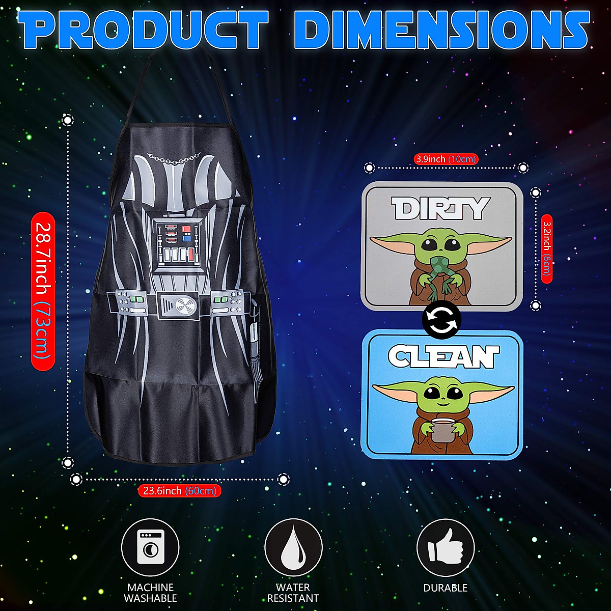 Luxxis Star Wars Gifts Kitchen Accessories Bamboo Cooking Utensils 7PC Set- 5X Organic Bamboo Spoons, 1X Kitchen Apron, 1X Dishwasher Magnet – Premium Cookware and Apron –Adorable Double-Sided Magnet