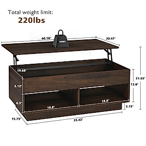 HOMMPA Lift Top Coffee Table with Hidden Storage LED Coffee Table Dark Walnut Living Room 3 Tiers Tea Table with Storage Center Tables Hidden Compartment & 2 Open Shelves
