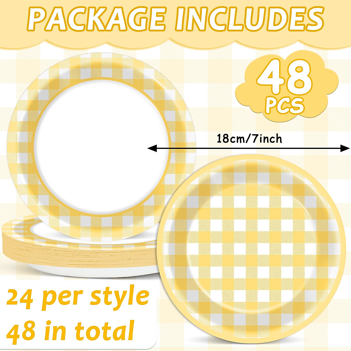 48Pcs Yellow Gingham Paper Dessert Plates Yellow and White Party Supplies Yellow Checkered Tableware Party Decorations Plaid Plates Dinnerware for Boys Girls Birthday Picnic Bride Shower Favor 7”