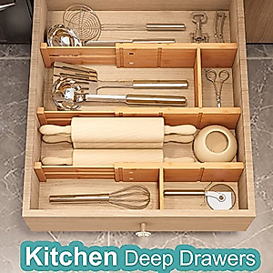 Vriccc 4.4" High Drawer Dividers with Inserts, Bamboo Drawer Dividers for Clothes, Expandable from 12-17.5", Adjustable drawer organizer for Bedroom, Kitchen & Office, 4 Dividers with 8 Insert.
