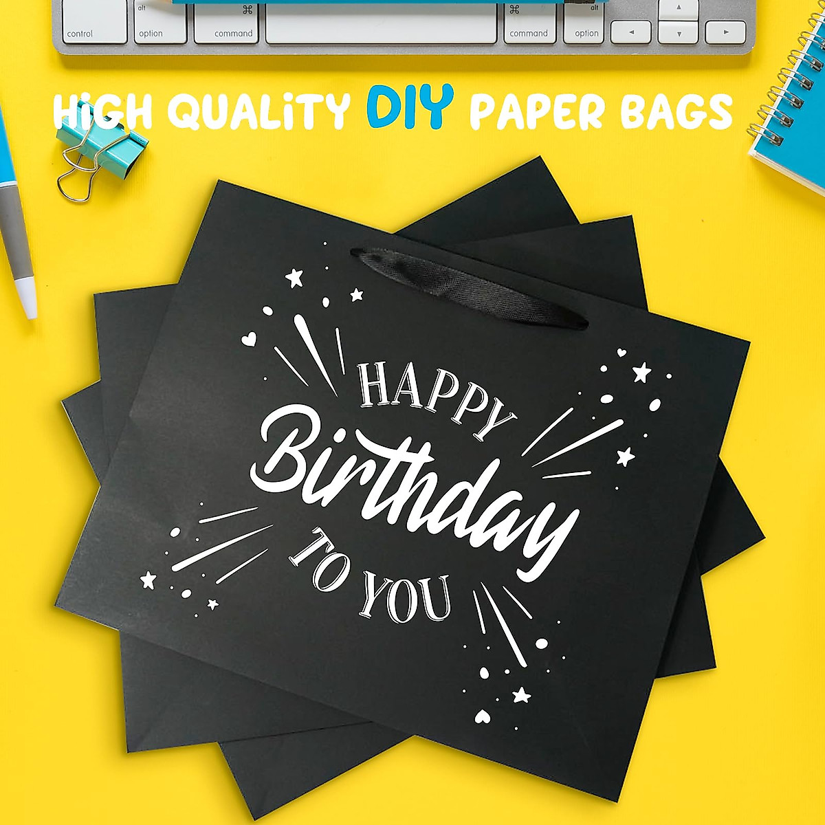 12 Pack Medium 10.6"x3.2"x8.3" Black Gift Bags with Tissue Paper, Kraft Shopping Bags with Ribbon Handles, Retail Wrapping Bags Set for All Occasions