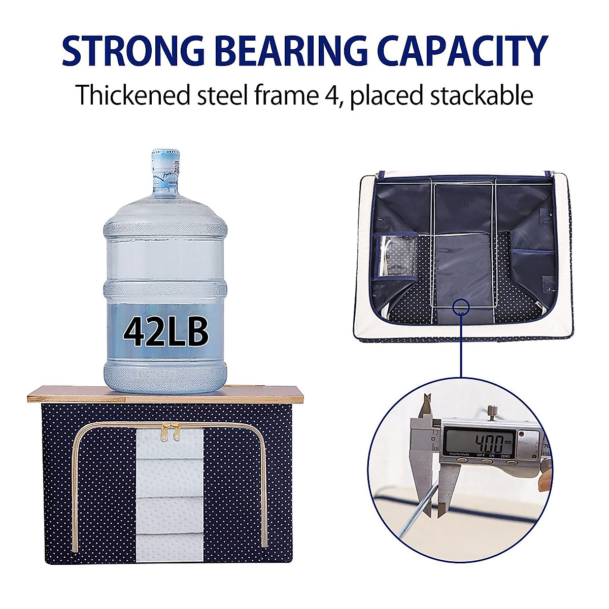 VINMEN Oxford Cloth Steel Frame Storage Box, 2 Pack 66L Foldable Storage Bag Organizers with Clear Window, Reinforced Handle for Navy Blue