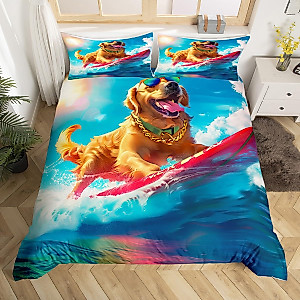 Feelyou Kids Ocean Duvet Cover Full Size, Cute Dog Animal Bedding Set Boys Girls Sea Beach Coastal Comforter Cover Cartoon Surfboard Teens Bedspread Cover Bedroom Decor 3Pcs Zipper(No Comforter)