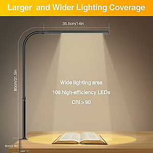 Desk Lamp Clamp, 12W Bright LED Desk Light for Home Office, Eye-Caring Table Light for Dorm Room, 3 Color 10 Brightness, Long Flexible 360° Goosenecks, Metal Swing Arm, 10W USB Adapter, Black.