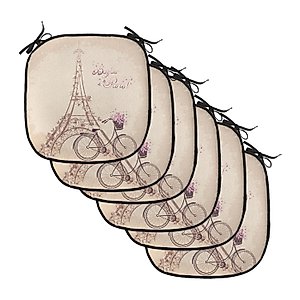 Lunarable Paris Chair Cushion Pads Set of 6, Bonjour France Eiffel Tower and Vintage Bicycle Flowers Retro Soft Color Print, Anti-Slip Seat Padding for Kitchen & Patio, 16"x16", Cream Pink