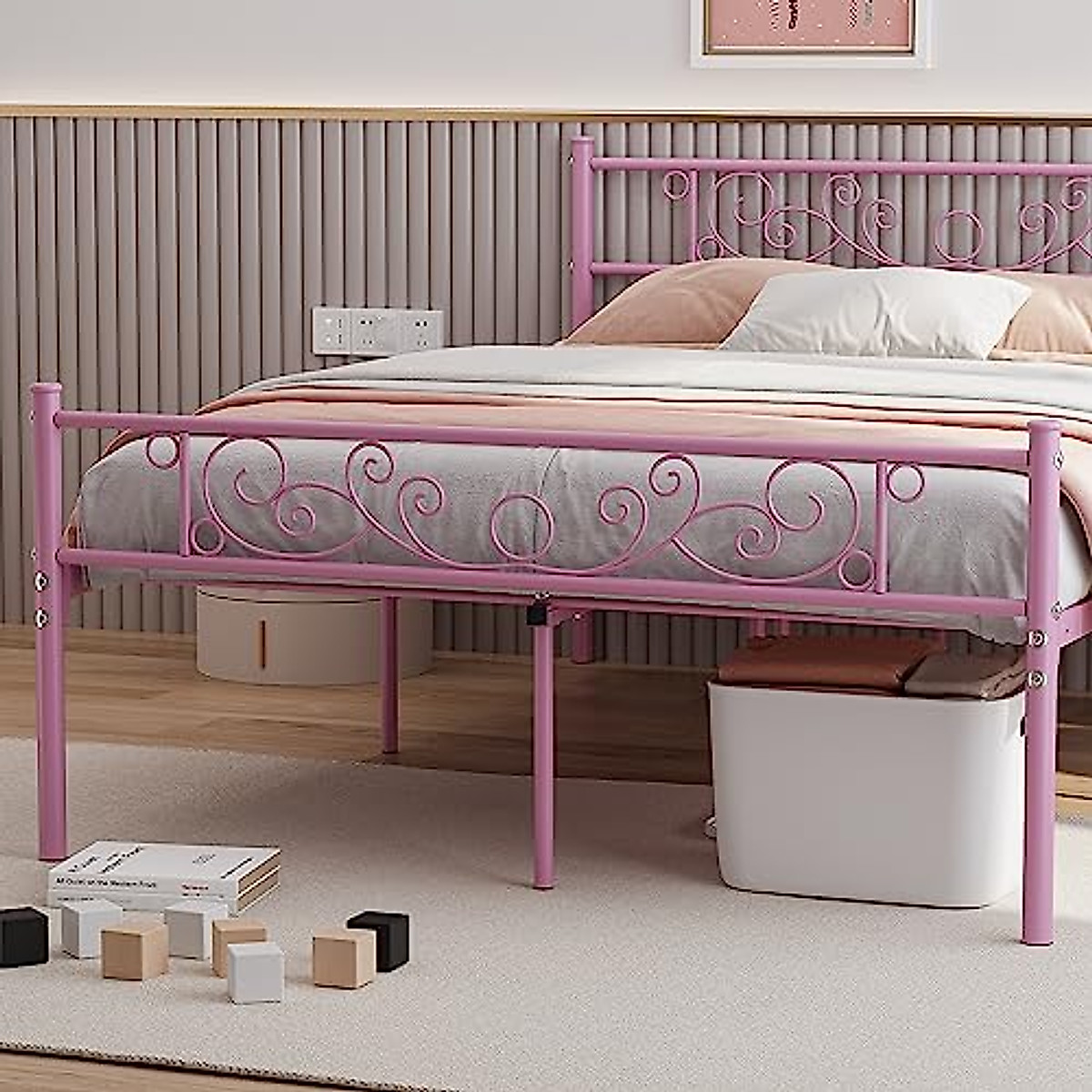 Elephance Full Size Bed Frame with Headboard and Footboard, Metal Platform Bed Frame with 14 Inch Storage Space No Box Spring Needed Easy Assembly for Adult Pink