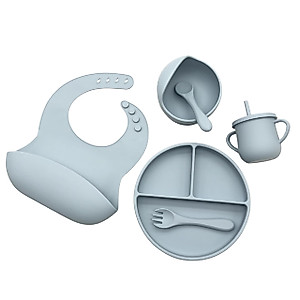 Premium Baby Dinnerware Set | Silicone Baby Feeding Set | Dishwasher Safe | Safe & Easy to Clean | Includes Suction Bowl, Divided Plate, Sippy Cup & Utensil Set | BPA Free | (Blue)