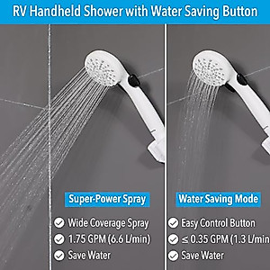 RV Shower Head with Hose and On Off Switch (Trickle), Water Saving and High Pressure Shower Head with Hose Guide Ring and Shower Holder for RV, Camper, Van, Travel Trailer, Motorhome and Boat, White