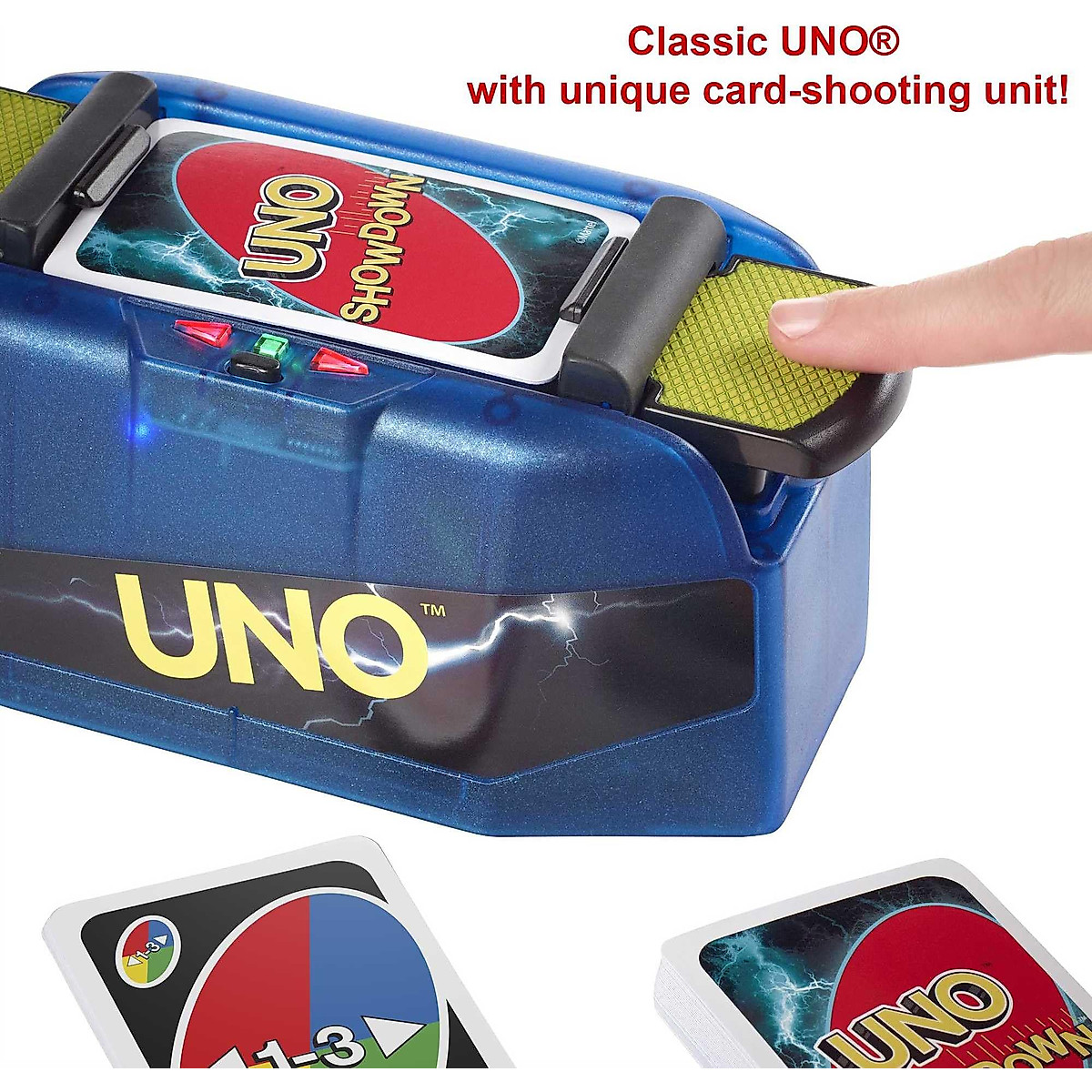 Mattel Games UNO Showdown Supercharged Card Game for Family Night with Electronic Card Launcher, Lights & Sounds (Amazon Exclusive)