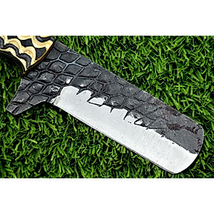 Carbon steel blade Bull cutter knife, 8.5 inches long knife with Leather sheath, Multi color Micarta scale Jigged with sturls, Embossed carbon steel blade, Embossed Leather sheath with belt loop (Black and Beige)