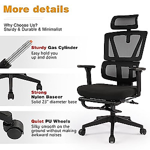 LSSBOUGHT Ergonomic Mesh Office Chair with Lumbar Support Adjustable Footrest Headrest, Mid Back Executive Swivel Desk Chair with Armrest for Home Office Work, Black
