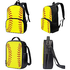 Suobstales Softball Print Backpack for Girls Kids Elementary Kindergarten Preschool School Bookbag with Lunch Box Pencil Case 3Pcs Set School Bag Lightweight Daypack Bagpack