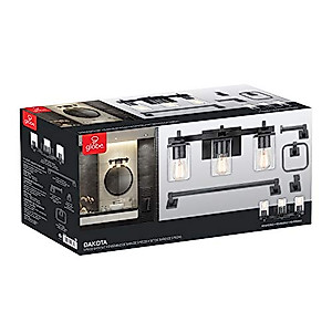 Globe Electric 51634 5-Piece All-in-One Bathroom Accessory Set, with Vanity, Matte Black, 3-Light Vanity Light, Seeded Glass, Towel Bar, Toilet Paper Holder, Towel Ring, Robe Hook, Home Improvement